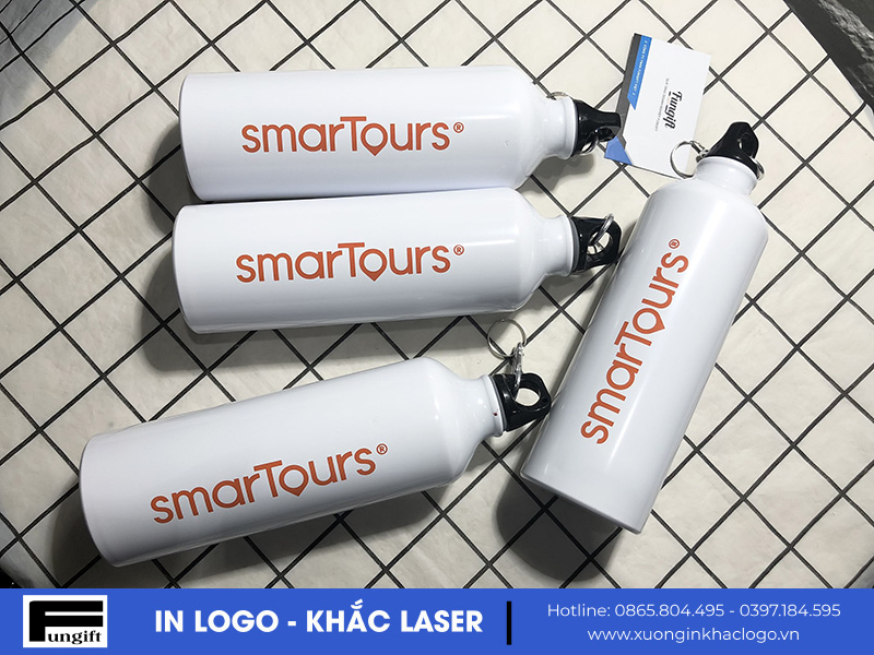 Quà Tặng Bình Nhôm Thể Thao Trắng In Logo Smartour